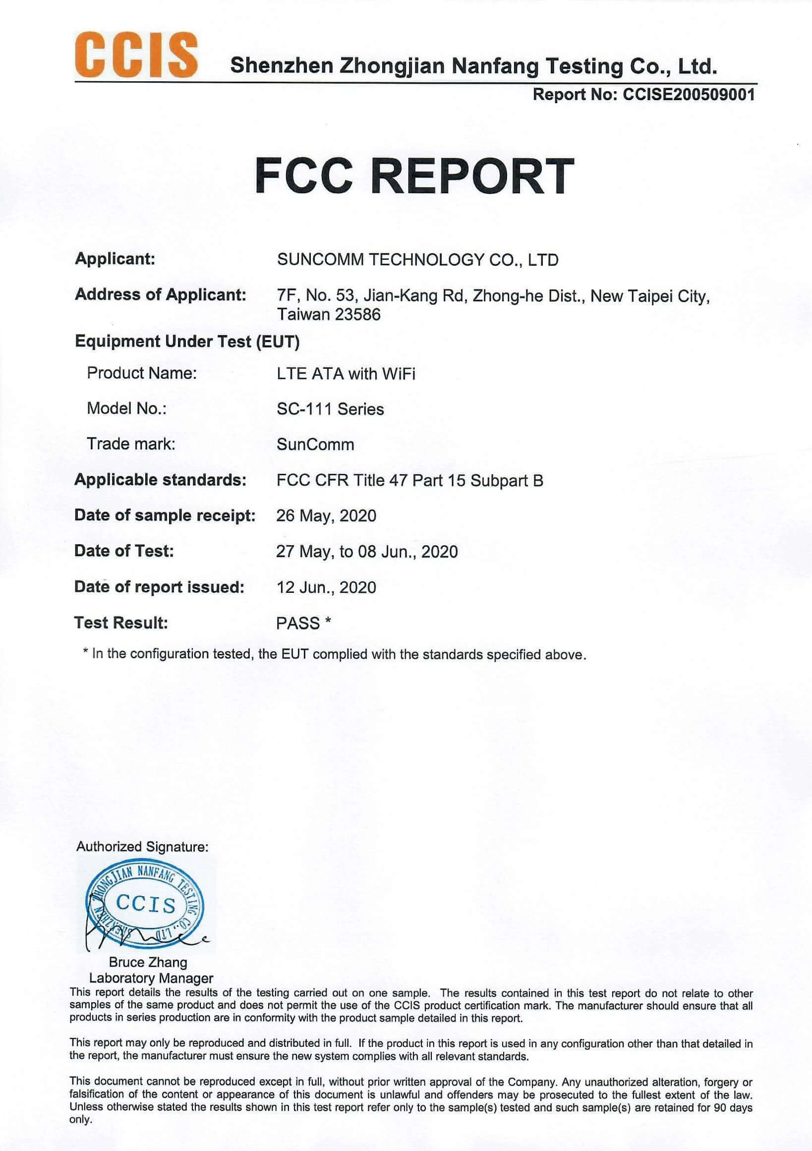 SC-111-WA4G FCC Part 15b Certificate